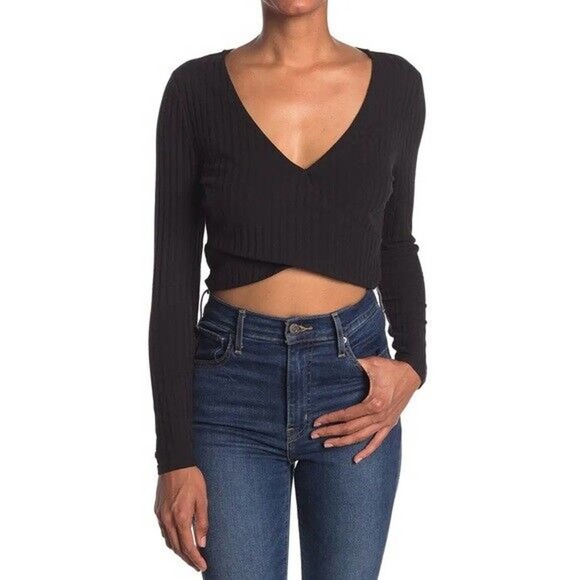 Sophie Rue | Tops | Sophie Rue Womens Black Long Sleeve Ribbed Surplice ...